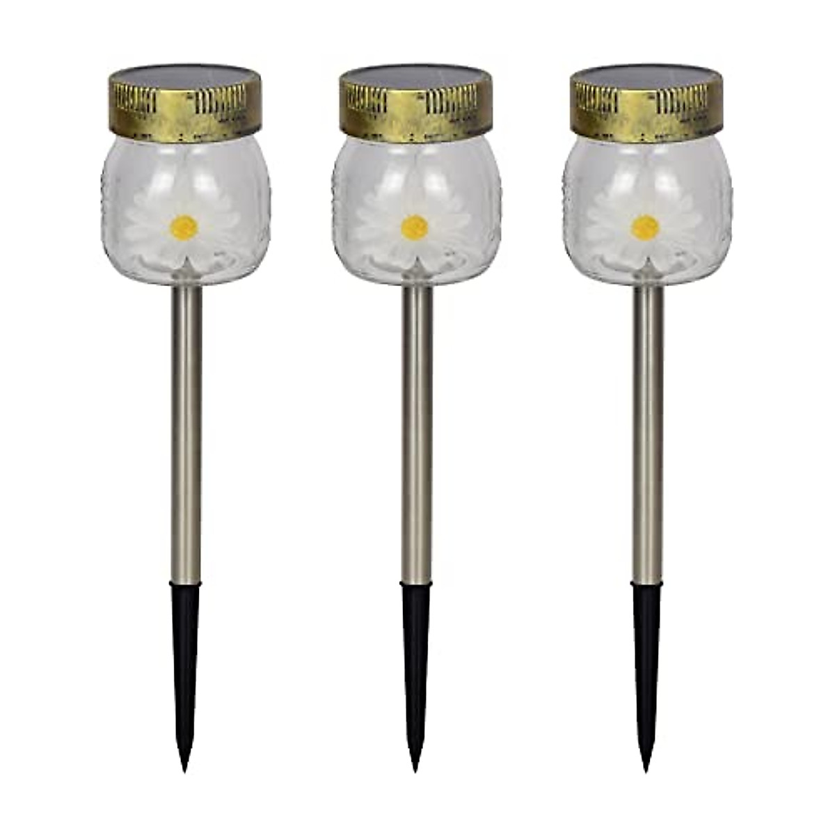 3-Pack Glass Daisy Flower in a Jar Stake Lights - Solar LED Waterproof Outdoor Garden Decor - Decorative Electronic Light Fixture Jars for Yard, Lawn, Patio, Deck, Pathway, Pond, Backyard