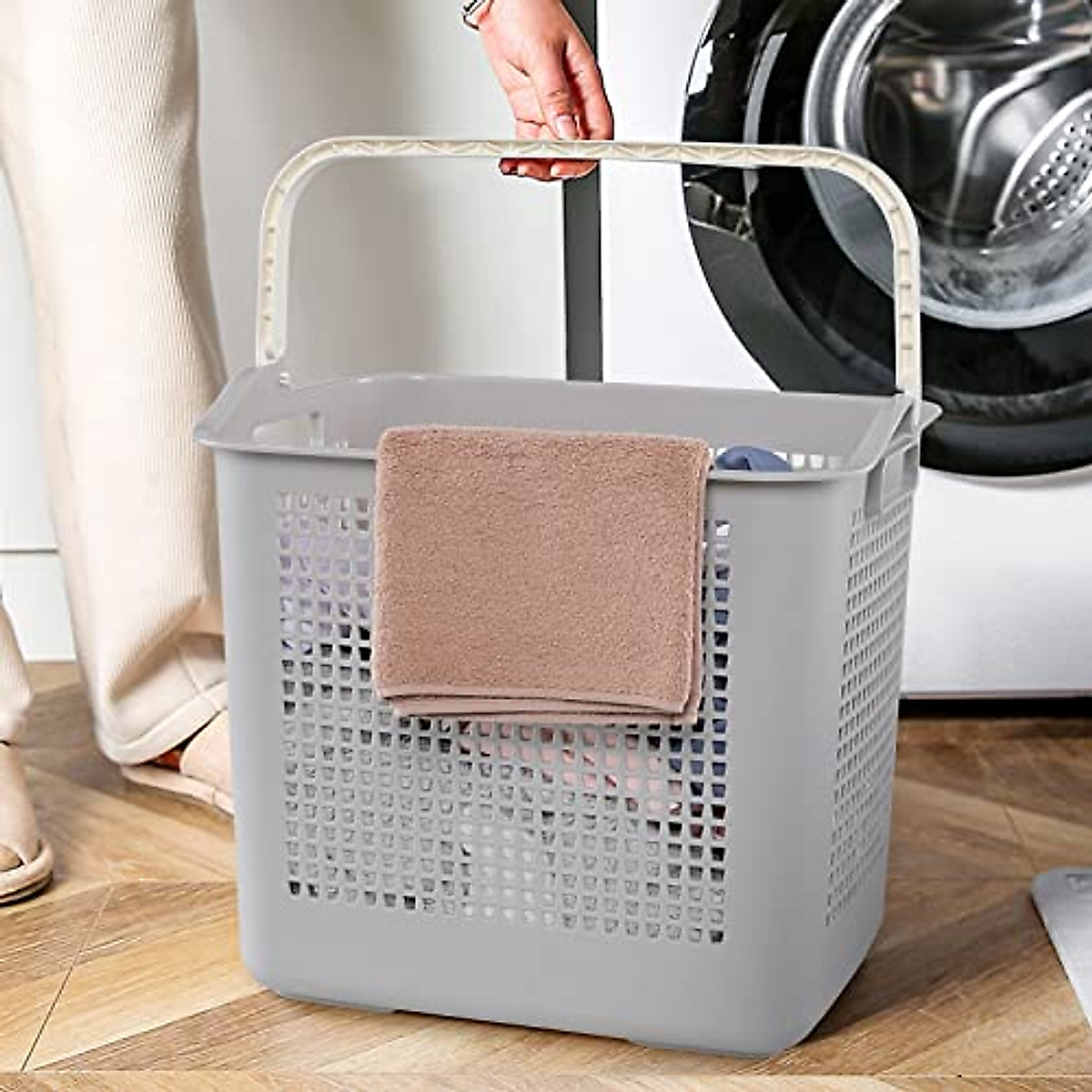 Easymanie 4 Pack 35 L Plastic Laundry Basket Clothes Hamper with Handle, Gray, F