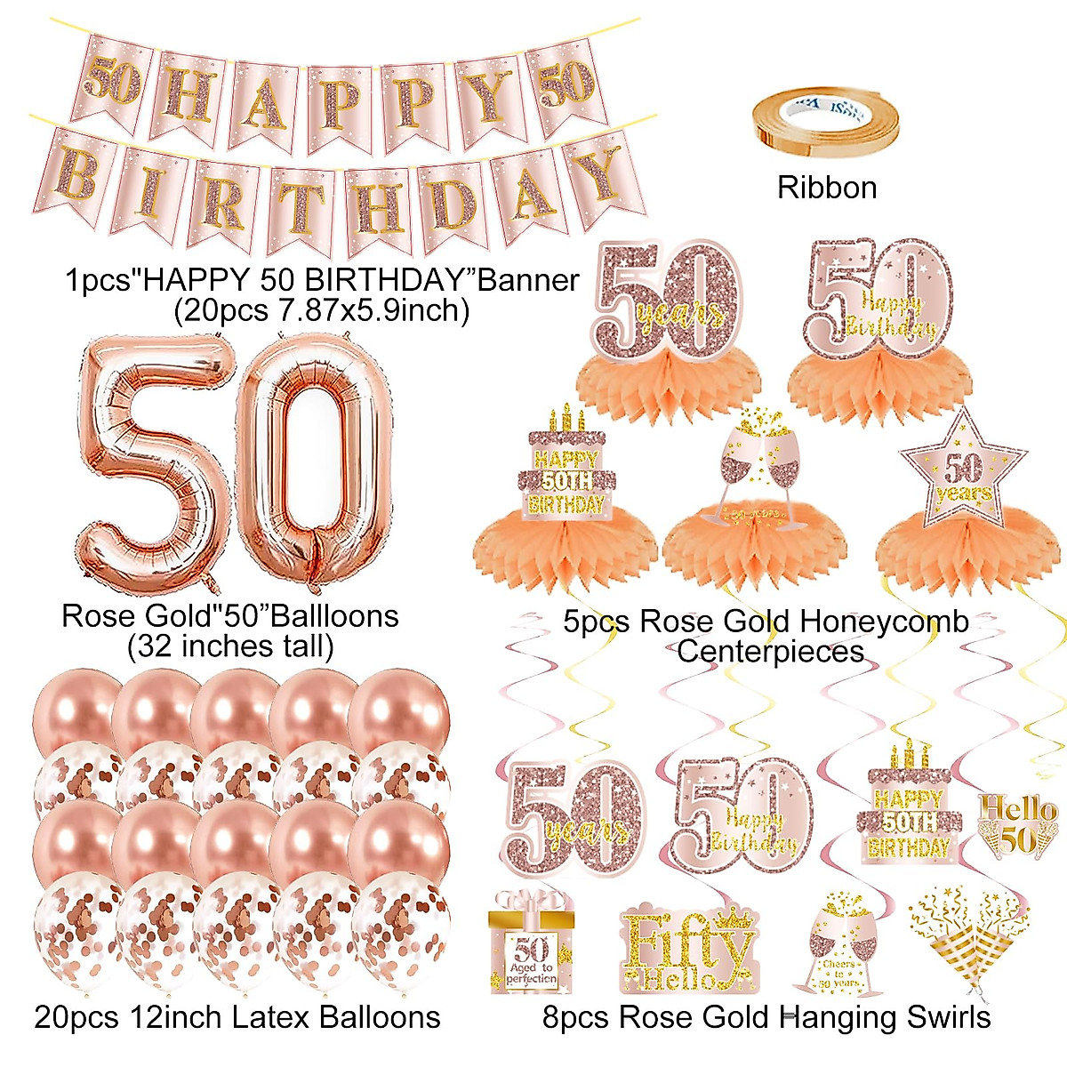 Crenics Rose Gold 50th Birthday Decorations for Women - Happy 50 Birthday Banner, Honeycomb Centerpieces, Hanging Swirls and Balloons for 50 Birthday Party Supplies