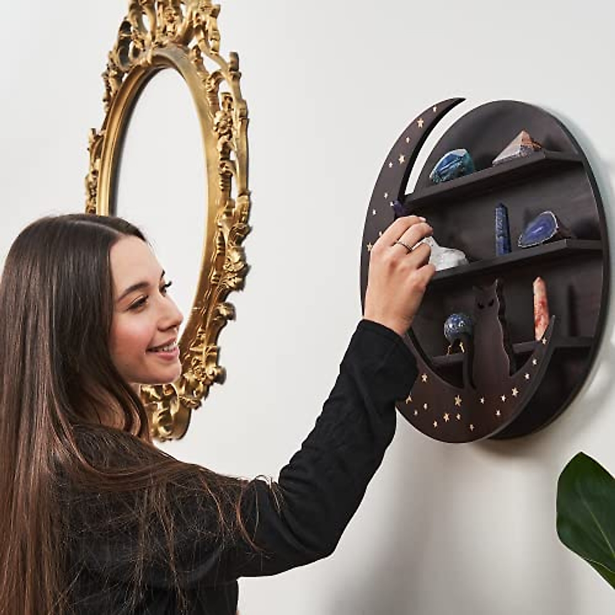 HOP SKIP Cat Moon Shelf - Crystal Display Shelf - 15.75” x 2.76” - Cat Moon Trinket Shelf - Pine Floating Shelves - Cat Gifts for Cat Lovers - Wiccan Décor