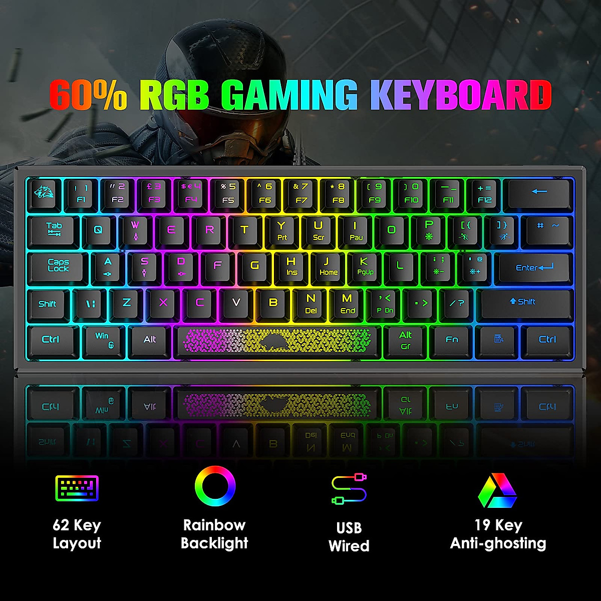 ZIYOU LANG K61 60% Gaming Keyboard Mini Portable with Rainbow RGB Backlit Ergonomic 62Key Layout 19Key Anti-ghosting Mechanical Feel Waterproof USB Wired for PC Mac Windows Gamer Laptop Typists(Black)