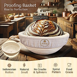 Banneton Bread Proofing Basket Set Sourdough Starter Kit Round 9" Rattan Proofing Basket, 36oz Large Wide Sourdough Starter Jar, Bread Lame, Sourdough Bread Baking Supplies, Banneton Basket Gift Set