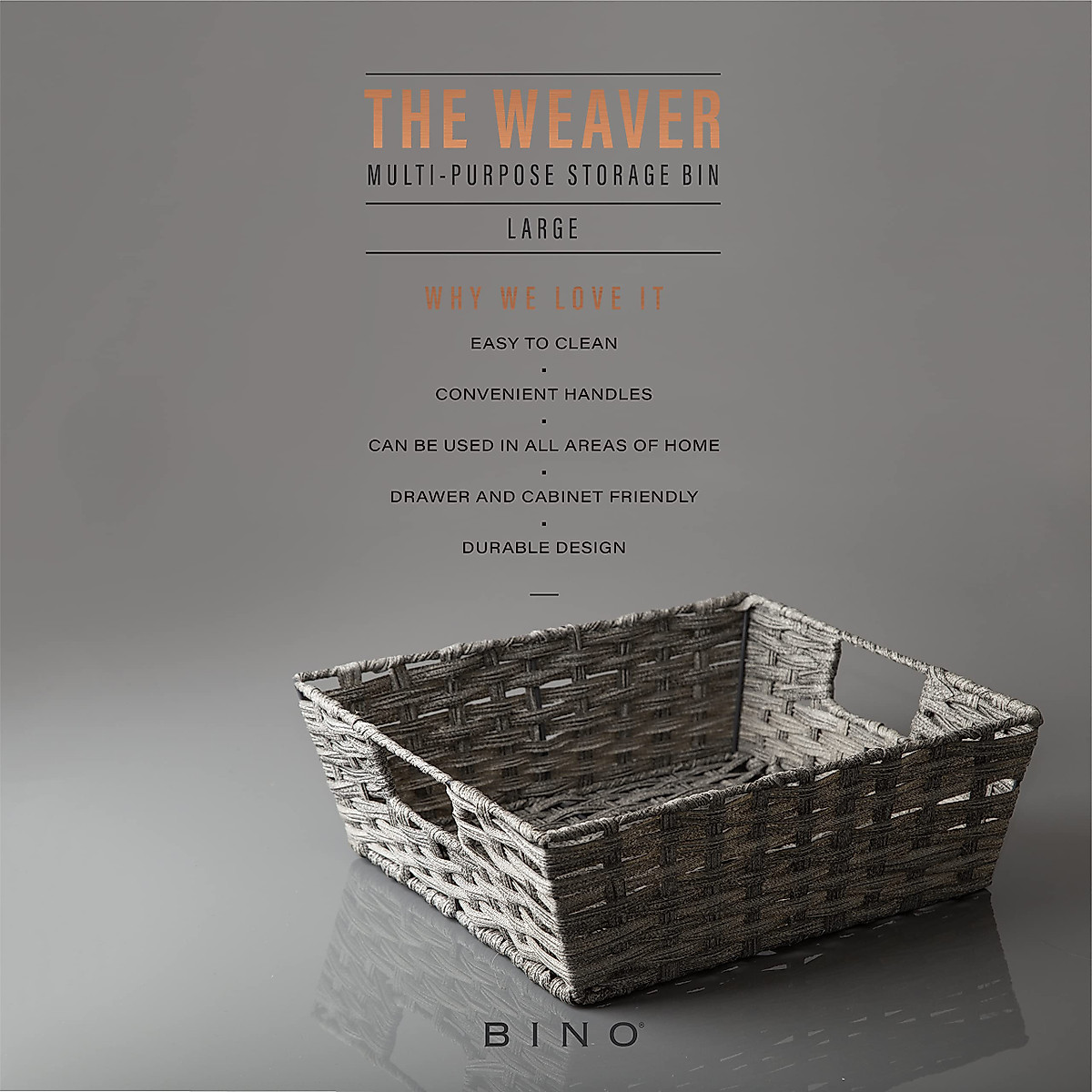 BINO 2 Pack Woven Resin Basket Organizer - Shelf Organizer with Built-in Carry Handles, Large - Light Grey