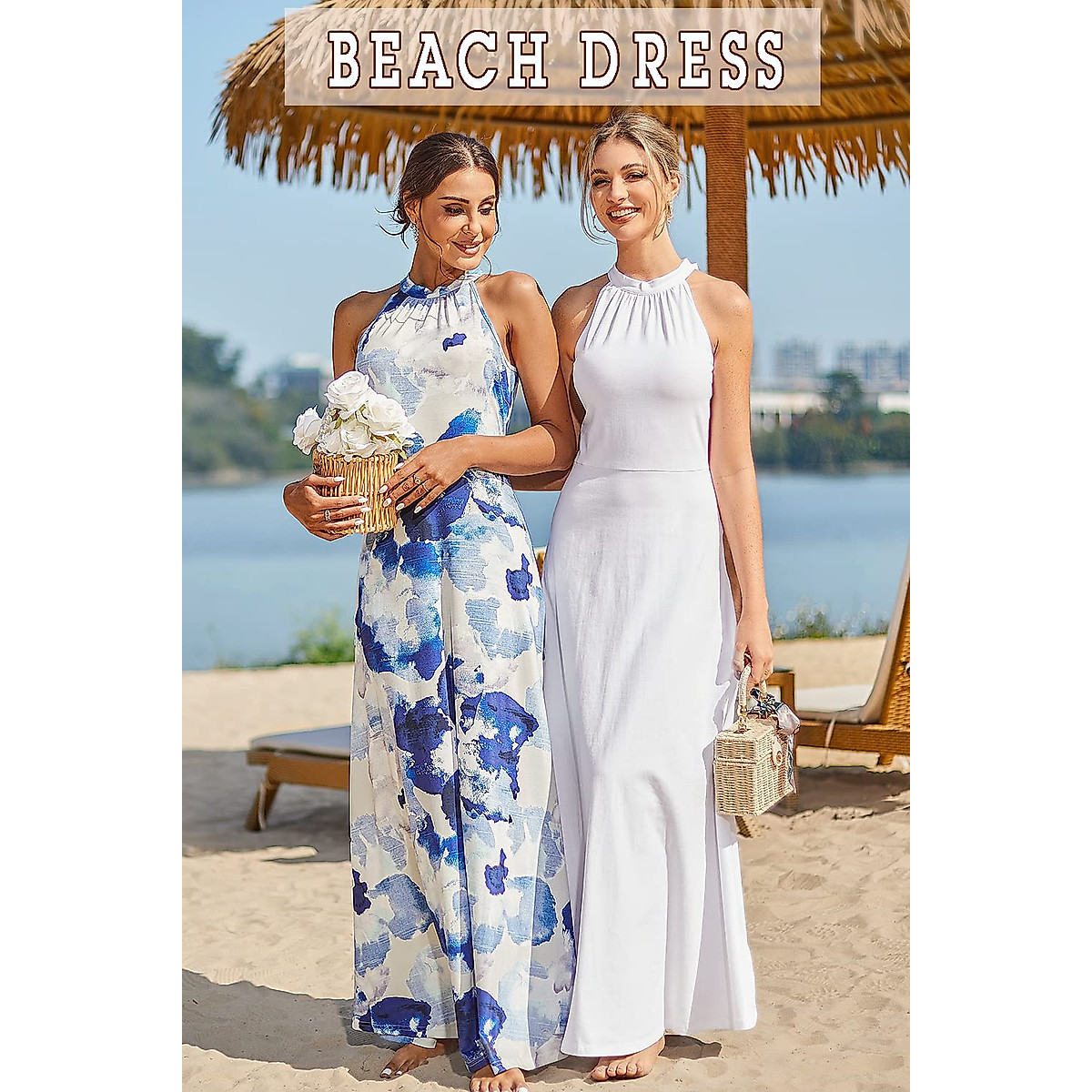 STYLEWORD Womens Summer Maxi Dresses Halter Formal Wedding Guest Cocktail Tea Party Long Spring Dresses 2025 Trendy(Blue Floral,L)