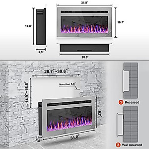 TUAN 31 Inch Electric Fireplace, Recessed and Wall Mounted Fireplace, Fireplace Heater and Linear Fireplace with Timer, Touch Panel and Remote Control, Adjustable 12 Flame Color, 750/1500W
