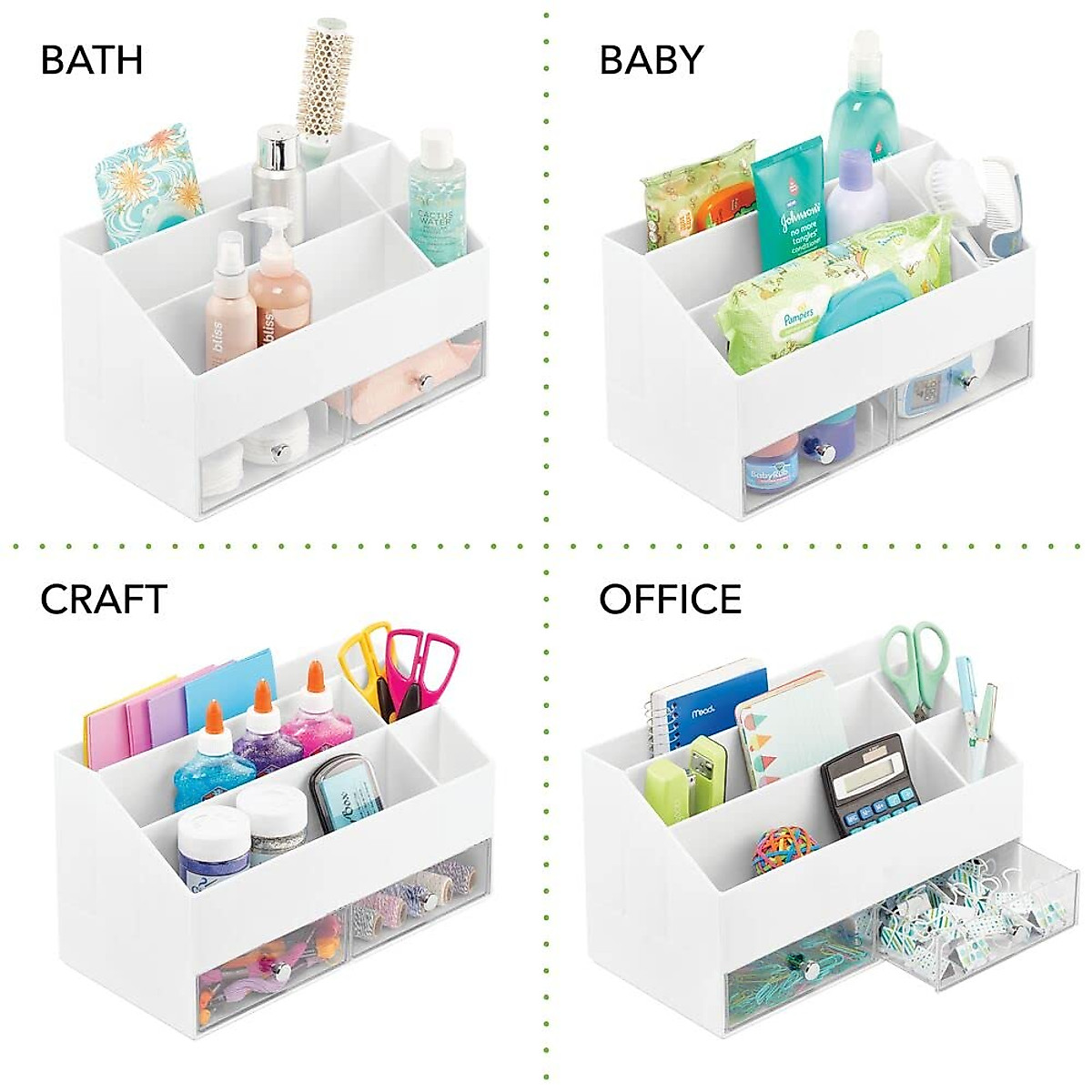 mDesign Plastic Makeup Storage Organizer with 2 Drawers and 5 Divided Sections for Bathroom, Vanity, Cabinet, Countertops - Storage for Cosmetics, Brushes, Blush - Lumiere Collection - White/Clear