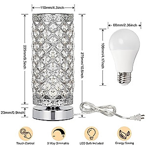 Seaside village Crystal Table Lamp Touch Control Dimmable Accent Desk Lamp Bedside Modern Table Light with Silver Lamp Shade Night Light Fixture for Living Room Bedroom Kitchen