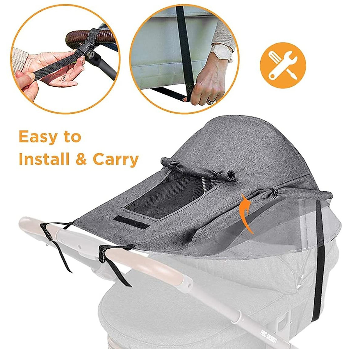 LXLUOO Baby Stroller Sun Cover,Baby Carriage Awning, Pram Sunshade, with Viewing Window for Strollers Pushchairs UV Protection Water Resistant Easy to Install (Gray)