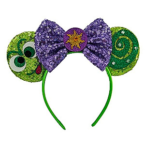 Mouse Ears Headbands with Shiny Purple Bows & Diamond, for Girls Costume Cosplay Glitter Party, for Kids & Adult, Green; 2BQ