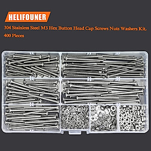 HELIFOUNER 400 Pieces M3 x 30mm /35mm /40mm /45mm /50mm, Button Head Socket Cap Metric Screws Nuts Washers Kit, 304 Stainless Steel