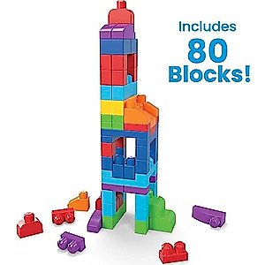 MEGA BLOKS Fisher-Price Toddler Block Toys, Big Building Bag with 80 Pieces and Storage Bag, Blue, Gift Ideas for Kids Age 1+ Years