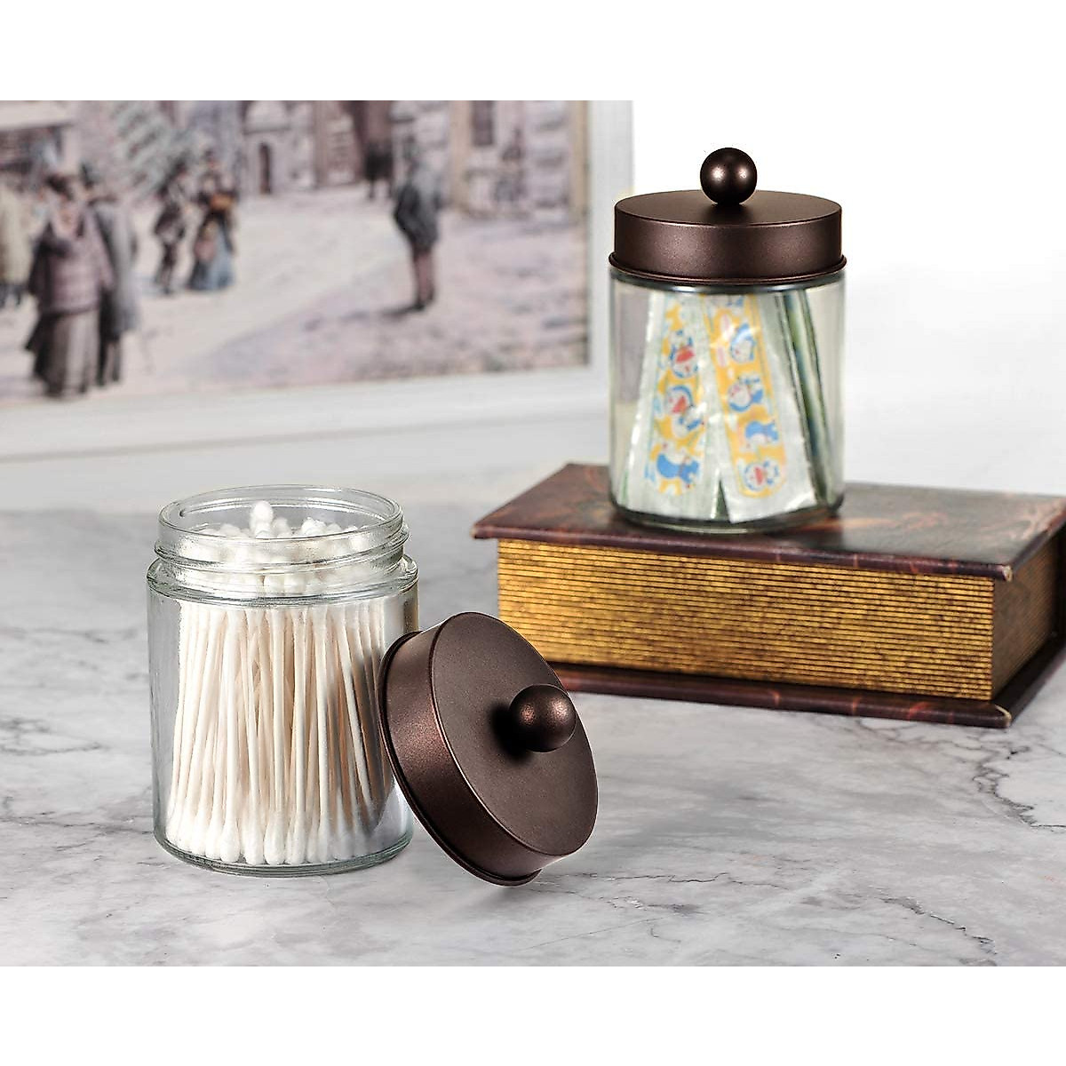 Amolliar Apothecary Jars Bathroom Storage Organizer - Cute Qtip Dispenser Holder Vanity Canister Jar Glass with Lid for Cotton Swabs,Rounds,Bath Salts,Makeup Sponges,Hair Accessories/Bronze (1 Pack)