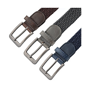 GALLERY SEVEN Woven Elastic Braided Belt For Men - Fabric Stretch Casual Belt- 3 Pack - Gray/Brown/Navy - Small (32-36")