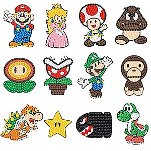 DURVA 5D Diamond Painting Stickers Kits, 12 Pcs Cartoon Anime Theme Diamond Stickers Paint by Numbers Kit, Suitable for Children, Boys and Girls DIY Super Mario Cartoon Theme Stickers