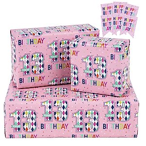 RUSPEPA Birthday Wrapping Paper Sheets with Gift Tags for Teenager Girls' Birthday Gift Wrap, 6 Fold on Sheets Each Set, 27 inches x 19 inches, Age 13