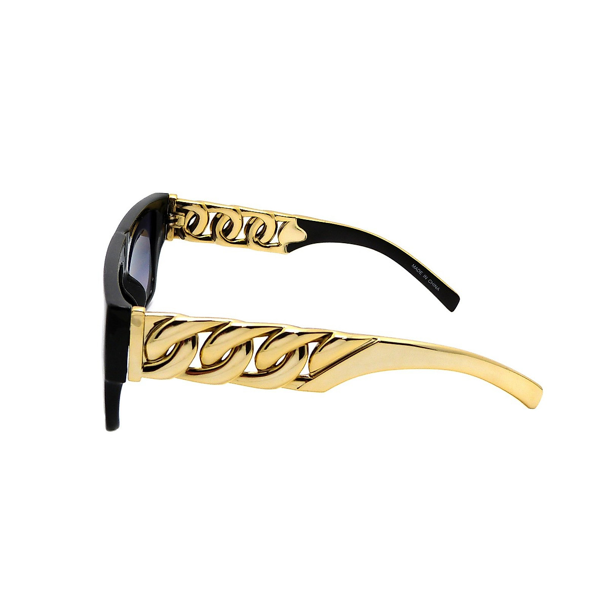 High Fashion Metal Chain Arm Flat Top Aviator Sunglasses (Shiny Black Gold)