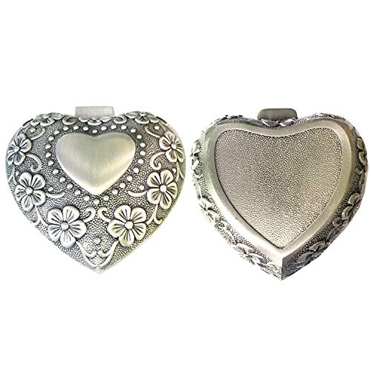TANG SONG 2 Packs Small Metal Heart Shape Jewelry Box Classic Vintage Antique Ring Box Trinket Storage Organizer Chest (Silver)