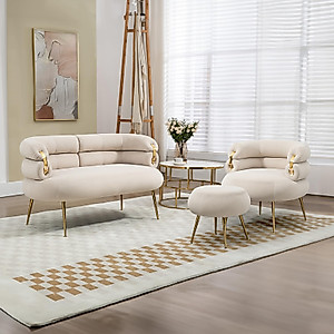 Antetek Modern Velvet Accent Chair with Ottoman, Upholstered Sofa Chair with Stylish Golden Decor, Comfy Arm Chair Leisure Lounge Chair for Living Room, Bedroom, Office, Beige