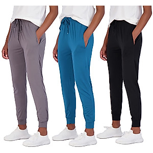 Real Essentials 3 Pack: Womens Dry Fit Athletic Active Lounge Jogger Sweatpants Sweat Pants Teen Workout Gym Yoga Track Running Casual Ladies Pockets Cuffed Soft Lightweight Exercise - Set 3, L