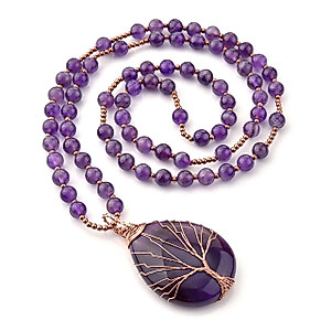 Top Plaza Healing Crystal Amethyst Necklace Natural Stone Beads Tree Life Wire Wrapped Teardrop Gemstone Pendant Jewelry for Women for Mom
