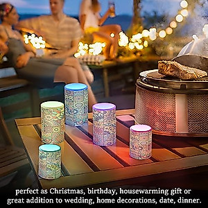 JULYTO Flameless Candles with Remote and Timer Boho Tile Abstract Patchwork Battery Operated Candles Set of 2 Beautiful Flower Flickering Pillar Led Fake Candles for Halloween Christmas Wedding Decor
