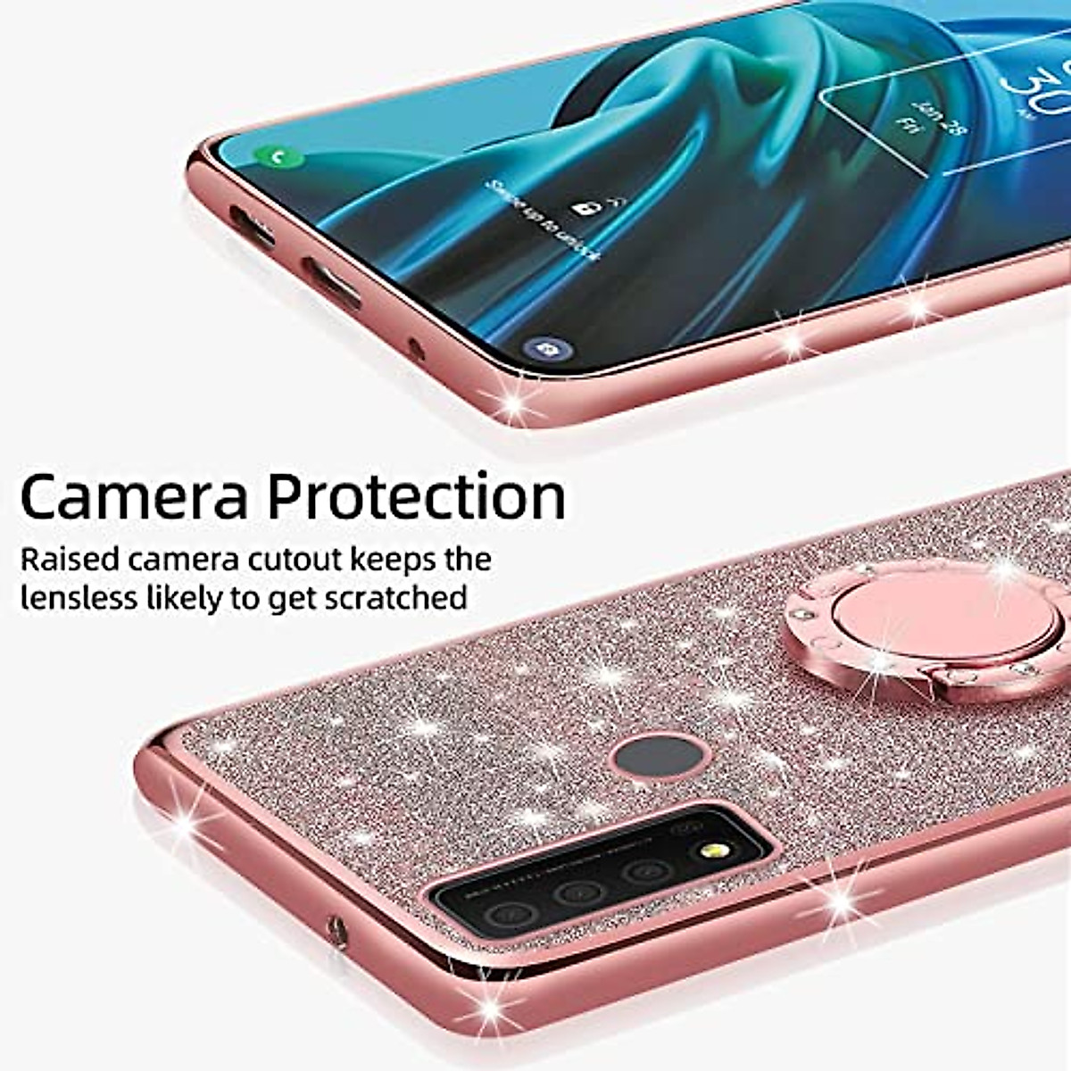 KuDiNi for TCL 30 XE 5G Case, TCL 30 XE 5G Phone Case for Women Glitter Crystal Soft Stylish Clear TPU Luxury Bling Cute Protective Cover with Kickstand Strap for TCL 30 XE/20R 5G Case (Glitter Rose)