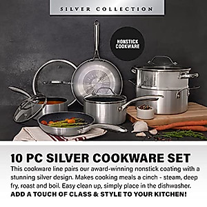 Granitestone Pots and Pans Set Nonstick, 10 Piece Complete Kitchen Cookware Set with Induction Cookware, Includes Nonstick Pots and Pans Set with lids & Stainless-Steel Steamer, Dishwasher Safe-Silver