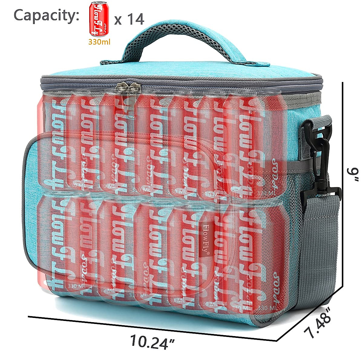 FlowFly Insulated Reusable Lunch Bag Adult Large Lunch Box for Women and Men with Adjustable Shoulder Strap,Front Zipper Pocket and Dual Large Mesh Side Pockets,SeaBlue