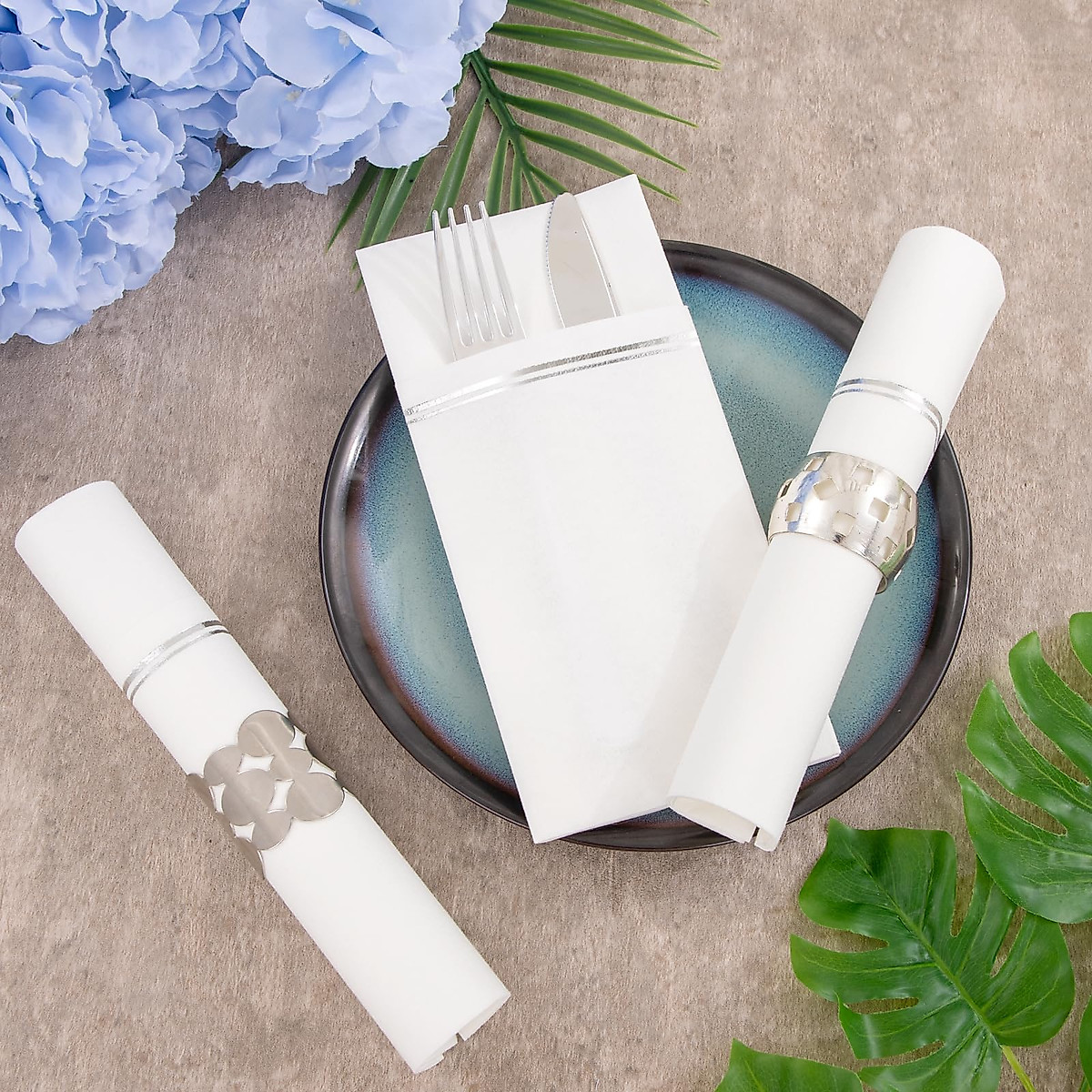 Nervure 100PCS Silver Paper Napkins with Built-in Flatware Pocket - White and Silver Prefolded Cloth Like Disposable Napkins - Heavy-duty Linen-Feel Dinner Napkins for Party & Wedding & Dinner