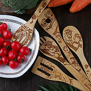 Beauty and the Beast Burned Wooden Spoons Cooking &Serving Utensils Set Bamboo Spoon Slotted Kitchen Utensil Fun Gift Idea Warming Present (Set of 5)