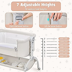 HONEY JOY Portable Baby Bassinet, 3-in-1 Bedside Sleeper Cradle w/Soft Mattress & Storage Basket, Newborn Infant Travel Crib w/ 7-Level Adjustable Height, 4 Lockable Wheels & Carry Bag (Beige)
