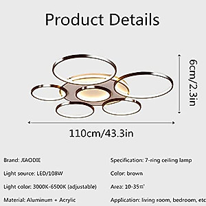LED Ceiling Light Modern 7-Ring Living Room Ceiling Lamp Brown Round Circle Bedroom Ceiling Lamps fixture,3000K-6500K Dimmable with Remote Control Restaurant Indoor Ceiling Lighting,108W/Ø43.3in