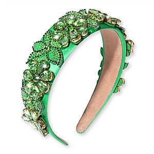 St. Patrick's Day Headbands Crystal Flower Embellished Wide Elastic Headband Green Rhinestone Velvet Hairband for Women Party Fashion Hair Hoop
