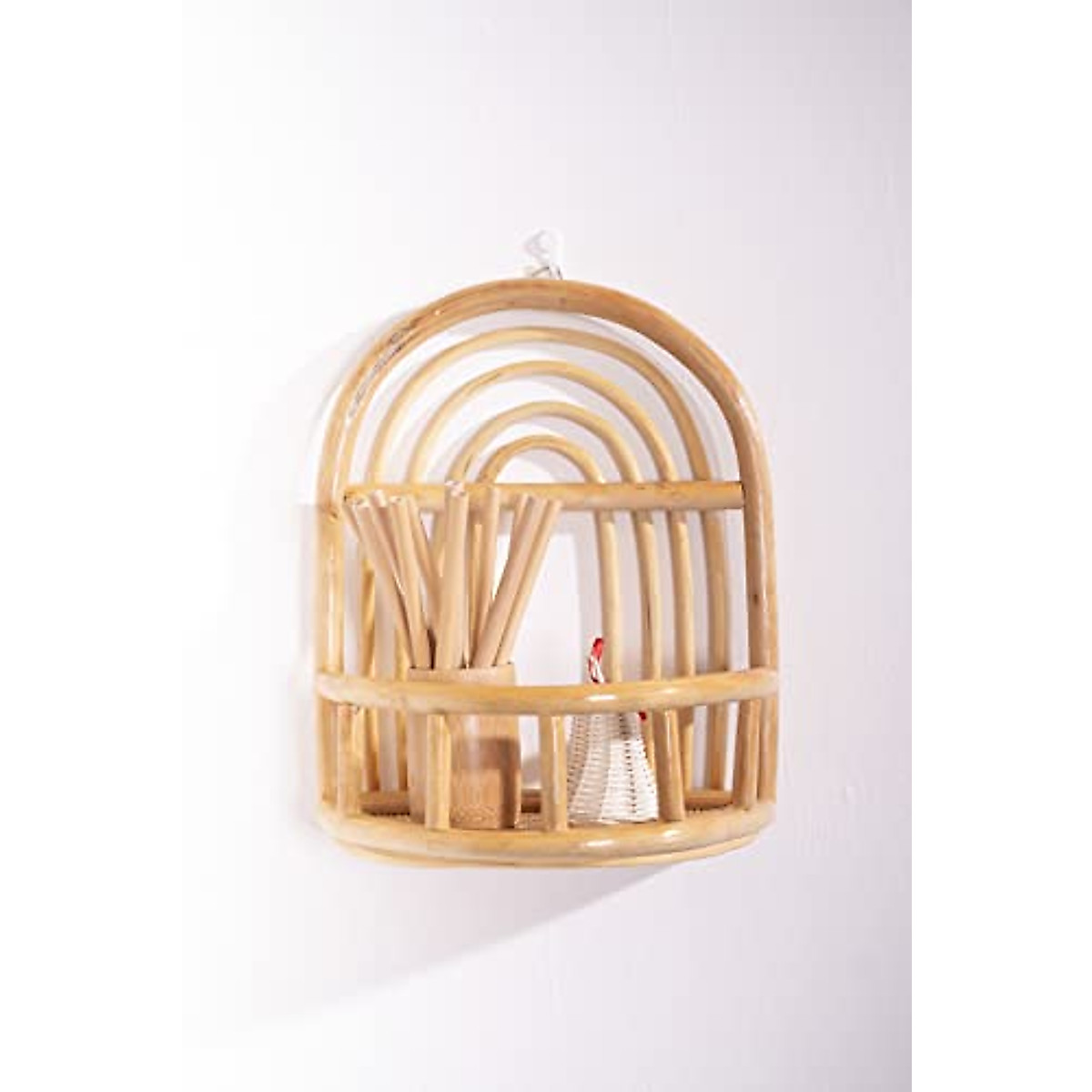 B BEMIAO CRAFTS Rattan Wall Shelf, Wall Mounted Rattan Shelf, Floating Shelf, Hanging Storage Organizer, Boho Shelf Decor for Kitchen, Bathroom, Nursery, 13.77"x 11.81" x 3.93", Small