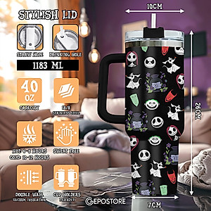 GEPOSTORE Halloween Gifts for Movie Lovers, Jack Skeleton 40 oz Stainless Steel Tumbler with Handle, Lid, and Straw, Nightmare Before Movie Cup, Halloween Mug, Horror Movie Gifts for Cartoon Lovers