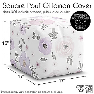 Sweet Jojo Designs Lavender Purple Boho Floral Girl Ottoman Pouf Cover Unstuffed Poof Floor Footstool Square Cube Pouffe Storage Baby Nursery Kids Room Grey Bohemian Farmhouse Shabby Chic Watercolor