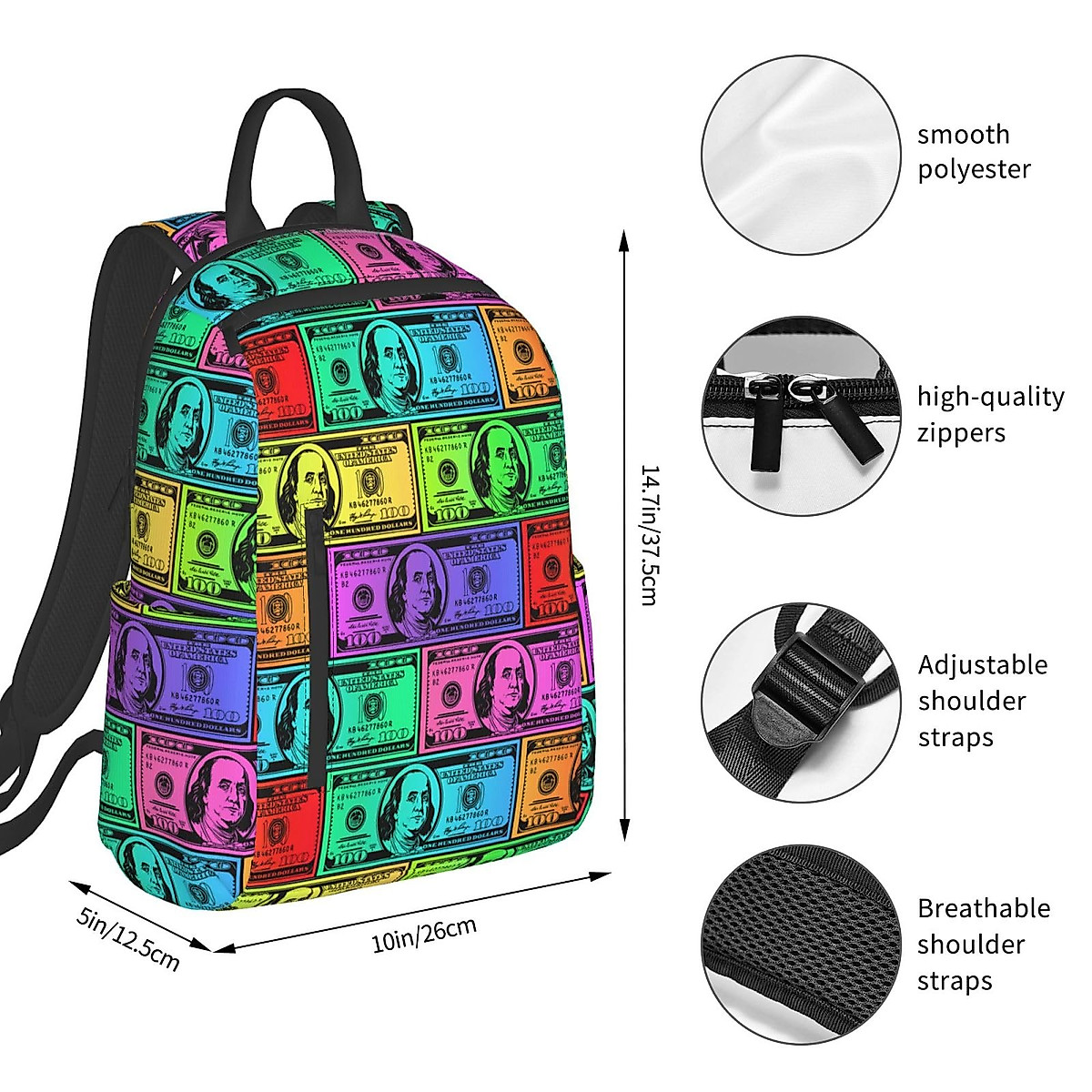 JZDACH For American Money Colorful Bill Dollars backpack book bags for college lightweight laptop backpacks for Men Women