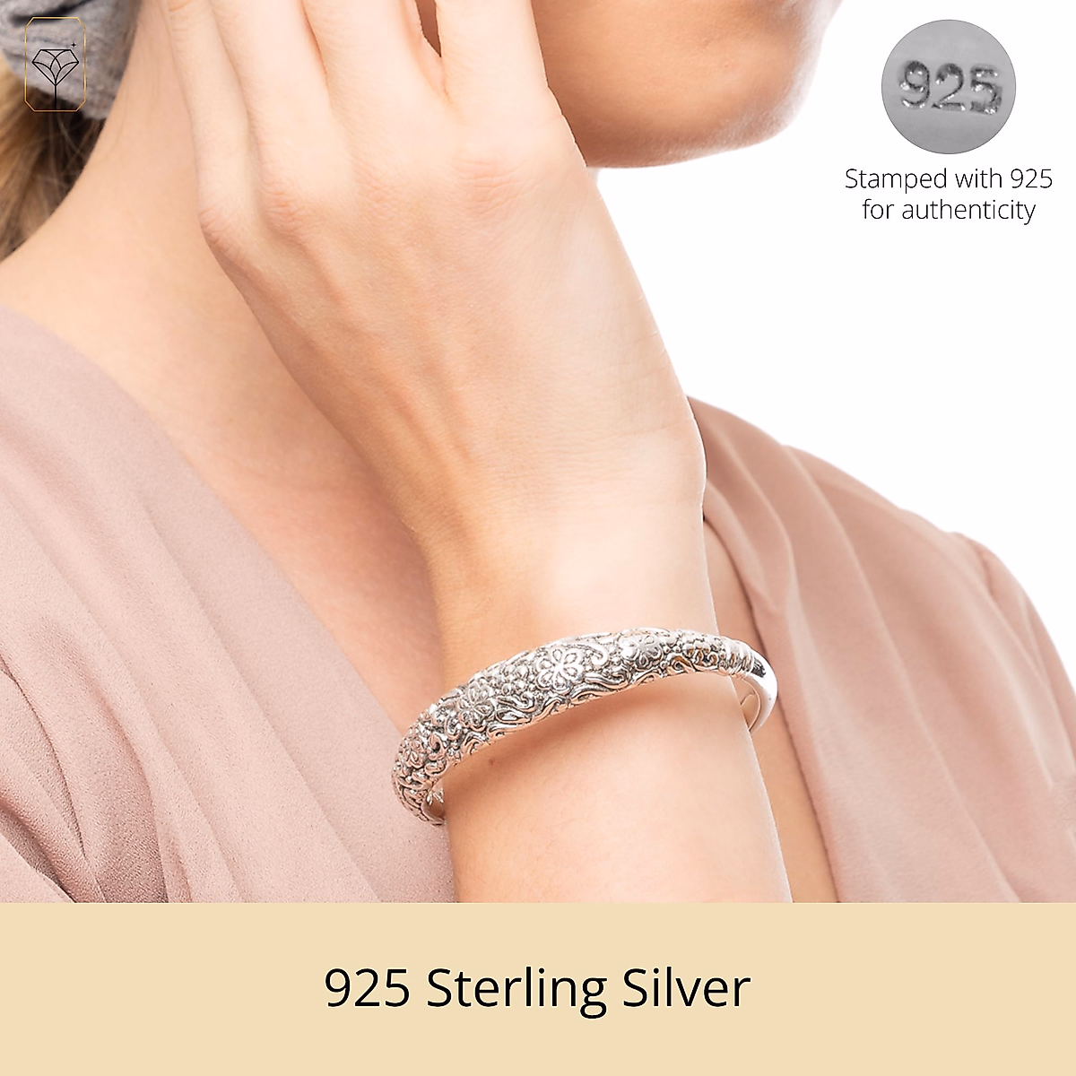 MAX + STONE Lightweight 925 Sterling Silver Bracelet for Women | 7 Inch Floral Bangle with Hinged Clasp | Anti-tarnishing Sterling Silver Bangle Bracelet for Women | Silver Bangles for Women