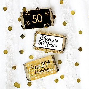 DISTINCTIVS Black and Gold 50th Birthday Party Mini Candy Bar Wrappers - 45 Stickers
