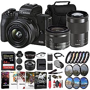 Canon EOS M50 Mark II Mirrorless Camera with 15-45mm and 55-200mm Lenses (Black) (4728C014) + 64GB Card + Color Filter Kit + Filter Kit + Charger + LPE12 Battery + Wide Angle Lens + More (Renewed)