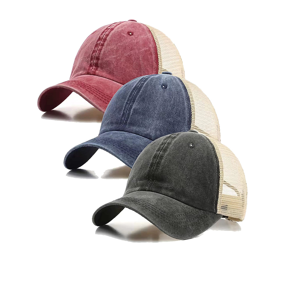3 Packs Vintage Washed Cotton Distressed Mesh Cap Baseball Cap Golf Suitable for Men and Women