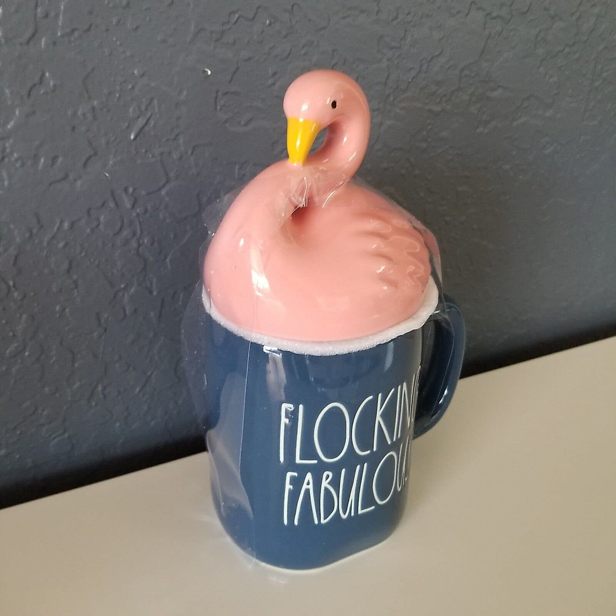 Rae Dunn Coffee Mugs with Decorative ceramic Lids, Flocking Fabulous/Pink/Navy