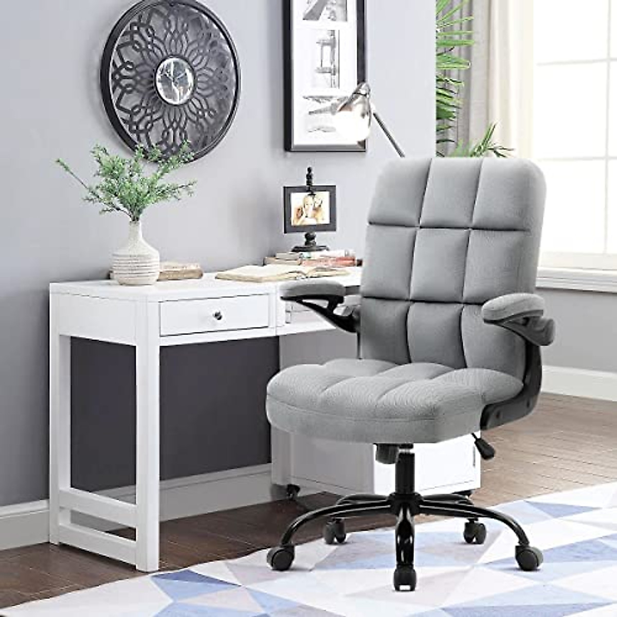 SEATZONE Office Desk Chairs with Wheels Comfortable Office Chair Ergonomic Flip-up Armrest Adjustable Computer Desk Chair Backward Tilt, Gray