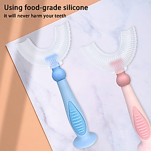 2 Pack Kids U-Shaped Toothbrush, Manual Training Tooth Brush, Food Grade Soft Silicone Brush Head, 360°Oral Cleaning, U-Type Toothbrush Whole Mouth for Toddlers and Children-Blue+Pink (Age 2-6)