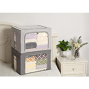 2 Pack Clothes Storage Bins - Foldable Metal Frame Storage Box - Stackable Linen Fabric Organizer Set with Carrying Handles