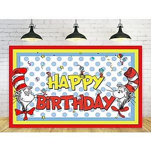 Blue Dots Backdrop Party Supplies Dr Seuss Birthday Theme Photo Background Cat in The Hat Banner for Birthday Party Caketable Decoration 5x3ft