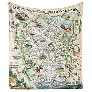 Rocky Mountain National Park Map Fleece Blanket - Hand-Drawn Original Art - Soft, Cozy, and Warm Throw Blanket for Couch - Unique Gift - 58"x 50"