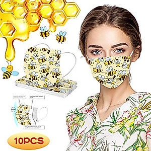 Hozxclle 50 PC Adult Summer Disposable Face_Masks Bee Floral Printed Print Face Bandanas Facecover Breathable 3 Ply Filter,Green