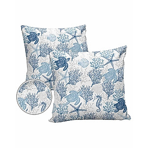 Sea Turtle Outdoor Waterproof Pillow Covers,Nautical Blue Coral Decorative Throw Pillow Covers,Starfish Shell Seahorse Cushion Case for Patio Tent Bed Sofa Living Room Marine Life on White Pillowcase