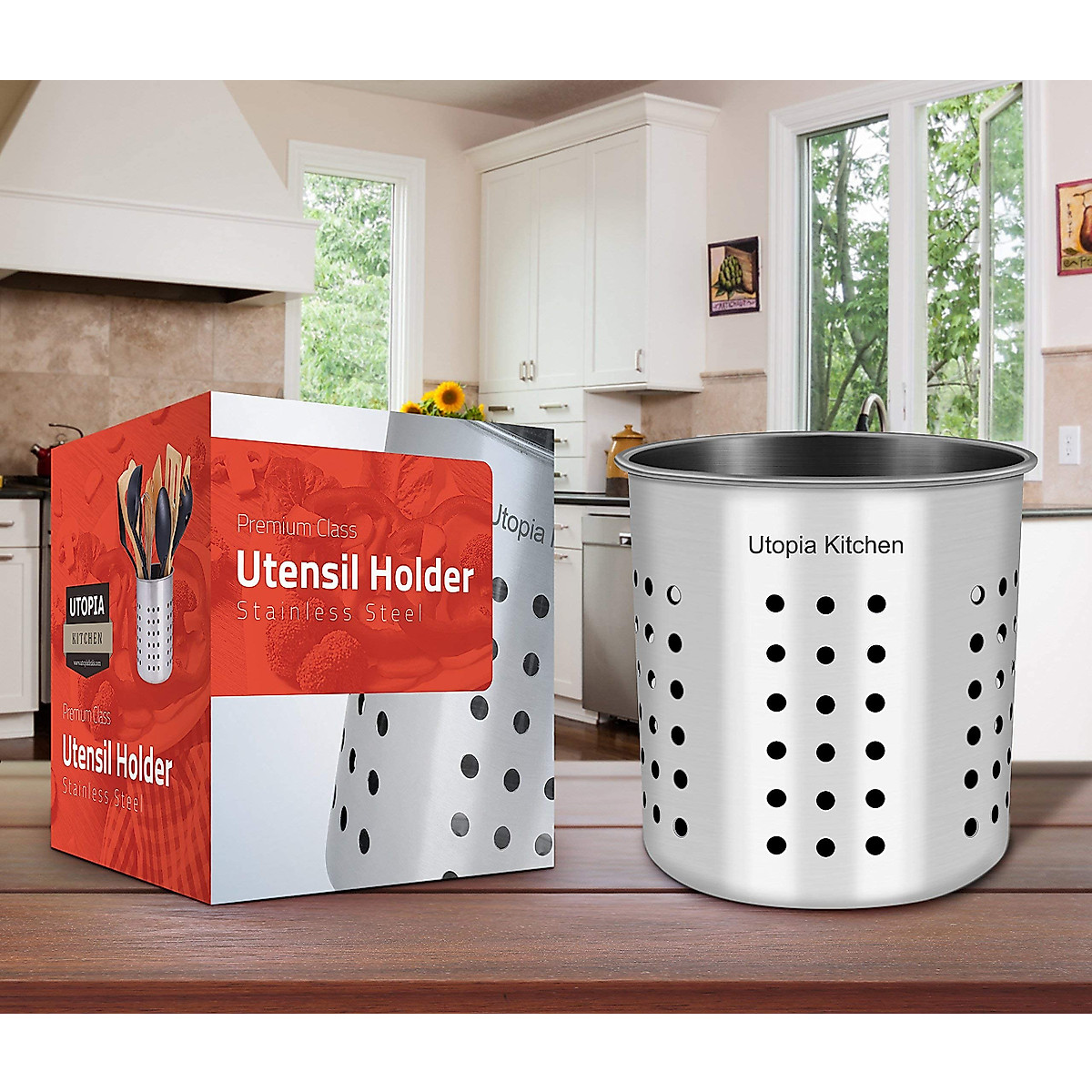 Utopia Kitchen Stainless Steel Cooking Utensil Holder 5 x 5.3 Inches (Silver)
